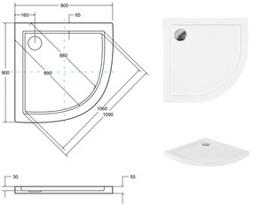 Aplomo Aron Slim čtvrtkruhová sprchová vanička Rozměr vaničky: 80x80cm