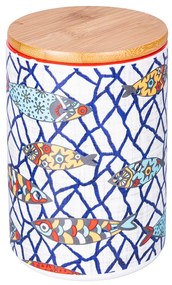 VILLA D’ESTE HOME TIVOLI Designová dóza s bambusovým víkem Los Cabos, keramika, bíla/modrá, dekor ryby, 870 ml
