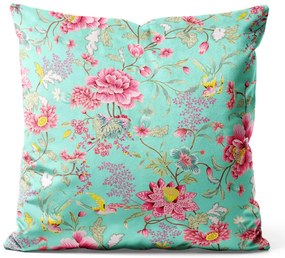 Dekorační velurový polštář Rostlinná arabeska růžová - barevná květinová kompozice