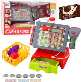 LEAN Toys Dětská pokladna s příslušenstvím, košík s ovocem, světla a zvuky, červená