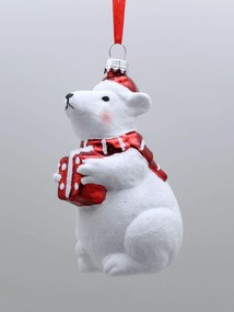 Bílo červená závěsná vánoční ozdoba medvídek 11cm