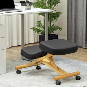 HOMCOM Ergonomická Výškově Nastavitelná Kolenní Židle, Ergonomická Židle do Kanceláře a Domova, Dřevěný Kolenní Stolek na Kolečkách, Černá