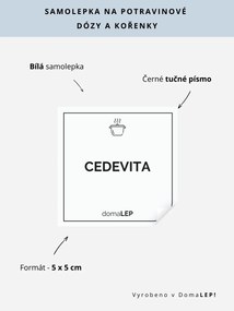Samolepka na láhev CEDEVITA –  5 x 5 cm – bílá vinylová, voděodolná, omyvatelná samolepka na dózy, tučné písmo