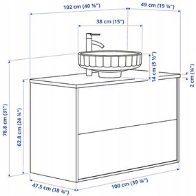 IKEA ANGSJON/LERSJON Skříňka s umyvadlem/baterie imitace dubu/bílá 102x49x79 Cm