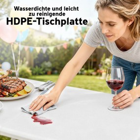 3dílná sada piknikových stolů, 1 stůl, 2 lavice, skládací kempingový stůl s držadly pro přenášení, plast, kov, bílá barva