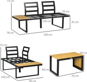 Sada zahradního nábytku pro 3 osoby Balkonový nábytek s polštářem, hliníkový rám, vzhled dřeva, tmavě šedá + přírodní barva