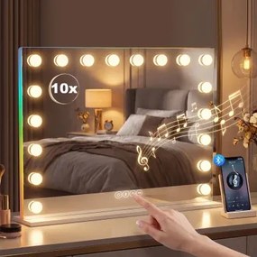 HOMCOM Hollywood make-up zrcadlo s 18 stmívatelnými LED lampami, 3 barvy, RGB světlo, Bluetooth reproduktor, 10x zvětšení, bílé
