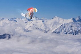 DIMEX | Samolepicí vliesová fototapeta na zeď Letící snowboardista na horách MA-5-1569 | 375 x 250 cm | modrá, bílá