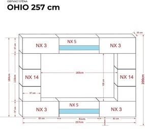 Ral Obývací stěna OHIO 1, 257 cm - Černý lesk