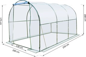 Outsunny Zahradní Tunelový Skleník, Balkonový Skleník pro Rostliny a Zeleninu s PVC Krytem, Rolovacími Dveřmi a Ocelovým Rámem, 2x2,5x2m