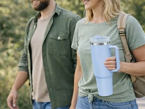 VERK Velký nerezový termohrnek se slámkou a držadlem – 1,2 l - světle modrý