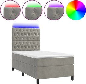 Box spring postel s matrací a LED světle šedá 90x200 cm samet 3136281