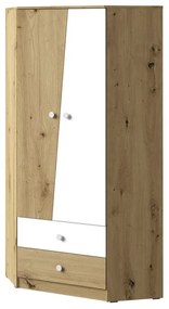 Rohová šatní skříň se zásuvkami Wurak WK02, Barva: dub artisan / bílý + šedý