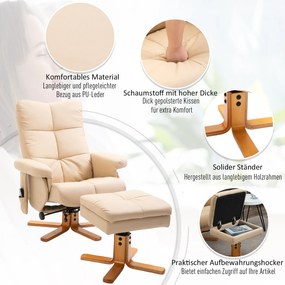 HOMCOM polohovací masážní křeslo s podnožkou úložný prostor polohovací funkce TV křeslo s masážní funkcí TV křeslo 145° náklon polyester krémová bílá…