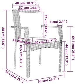 3dílný zahradní jídelní set s poduškami černý a šedý polyratan,  3185113