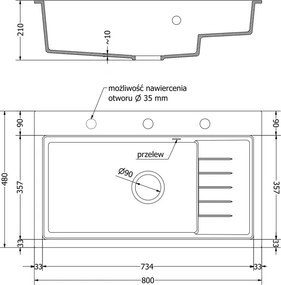 Mexen Omar, 1-komorový granitový dřez 800x480x210 mm, černá skvrnitá, zlatý sifon, 6520801005-76-G