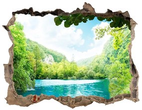 Wallmuralia Díra 3D ve zdi nálepka Vodopád v lese 95x64 cm
