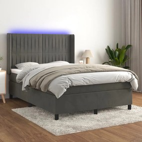 Box spring postel s matrací a LED tmavě šedá 140x200 cm samet 3139686