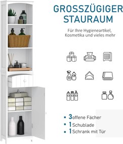 HOMCOM Vysoký Úzký Koupelnový Skříňka s 1 Šuplíkem a 3 Otevřenými Policemi, Moderní Styl pro Obývací Pokoj, Koupelnu, Kuchyň 34x24x170 cm Bílá