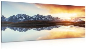 Obraz oslnivý západ slunce nad horským jezerem - 100x50 cm