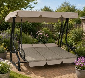 GardenLine Luxusní zahradní houpačka s lůžkem a držáky na nápoje pro 3 osoby 200 × 120 × 164 cm SORENTINO Mesh Taupe béžová
