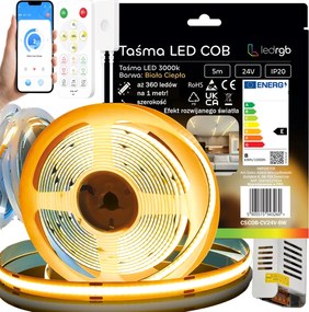 Set Led Páska Cob 5m 24V 360d Bílá Teplá 3000K Digitální Dálkový Ovladač Aplikace