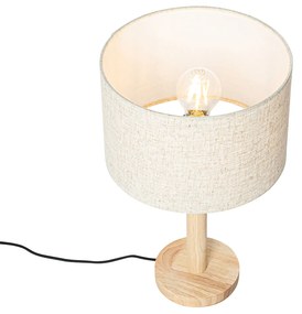 Rustikální stolní lampa dřevo s lněným stínítkem béžová 25 cm - Mels