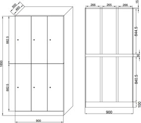 Šatní skříňka S1 s úložnými boxy, 6 boxů, 1850 x 900 x 500 mm, demont, cylindrický zámek, laminované dveře, bílá