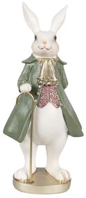 Dekorace bílý králík v zeleném kabátě s holí - 12*9*26 cm