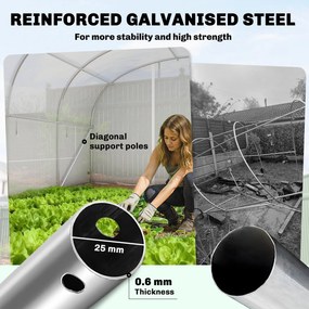 Outsunny tunelový skleník 24 m² — pozinkovaný ocelový rám, rolovací dveře a 2 velká síťovaná okna, plachta 140 g/m², bílá