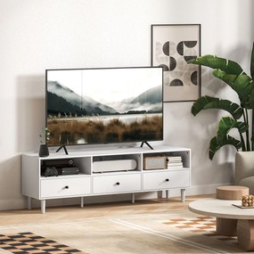 TV stolek HOMCOM s přihrádkami a šuplíky, 140 cm dlouhý TV konzole pro TV do 75 palců s úložným prostorem a organizací kabelů, bílý 140x34x45cm
