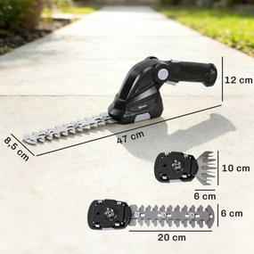 Outsunny 2-v-1 elektrické nůžky na živé ploty a keře s 2 x 7,2V dobíjecí 2,0 Ah baterií, 2 vyměnitelné čepele, černé
