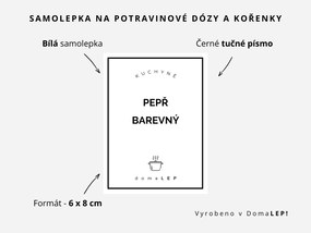 PEPŘ BAREVNÝ - omyvatelná samolepka na kořenky, výběr rozměrů Ø 5 cm / 5 x 5 cm / 6 x 8 cm | DomaLEP tvar: OBDÉLNÍK, barva: BÍLÁ - ČERNÉ písmo, velikost: š. 6 cm x v. 8 cm - tučné písmo