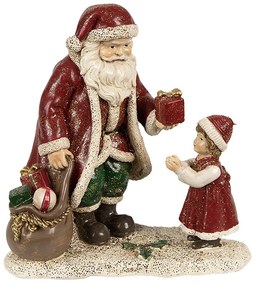 Červená vánoční dekorace socha Santa s děvčátkem - 14*9*14 cm