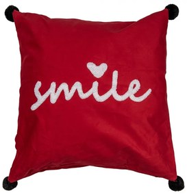 Červený povlak na polštář s vyšitým nápisem Smile - 45*45 cm