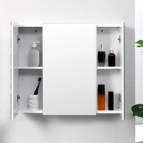 Kleankin koupelnová skříňka se zrcadlem - nástěnná koupelnová skříňka se 3 dvířky a nastavitelnými policemi 70x15x60 cm bílá