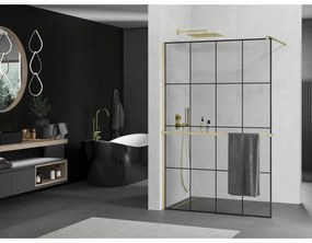 Mexen Kioto+, sprchová zástěna Walk-In s poličkou a věšákem 140 x 200 cm, 8mm čiré sklo černý vzor, ​​zlatý matný profil, 800-140-121-55-77