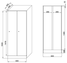 Šatní skříňka snížená, 2 oddíly, 1500 x 600 x 500 mm, mechanický kódový zámek, laminované dveře, buk