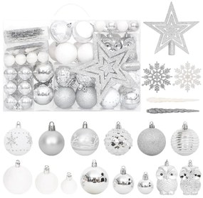 108dílná sada vánočních ozdob stříbrná a bílá