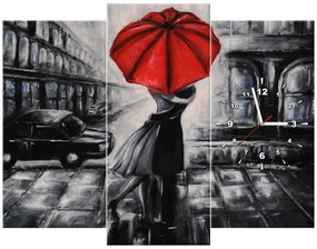 Gario Obraz s hodinami Červený polibek v dešti - 3 dílný Rozměry: 90 x 70 cm