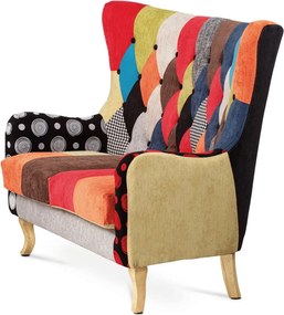 Dvojsedačka, potah látka patchwork, dřevěné nohy, masiv kaučukovník patchwork