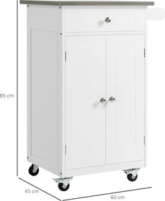 HOMCOM Bílý Kitchen Island Trolley z MDF a nerezové oceli s kolečky, víceúložný, 1 zásuvka, skříňka s 2 dveřmi a držákem na utěrku