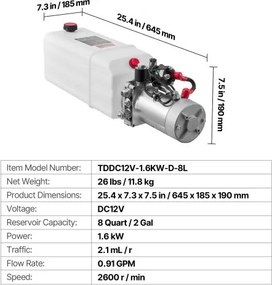 Hydraulický agregát 8 l, Maximální přetlak 22 MPa a průtok 3,4 l/min VEVOR