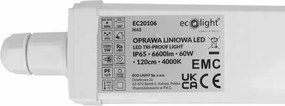 ECOLIGHT Hermetická lineární lampa 120cm - 60W - neutrální bílá