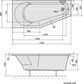 Polysan, TIGRA L asymetrická vana 170x80x46cm, bílá, 90111