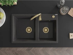 Mexen Tomas, granitový dřez 800x500x190 mm, 2-komorový, černá skvrnitá se zlatým sifonem, 6516802000-76-G