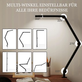 HOMCOM Stolní lampa, nastavitelná jas a barva, kovová svorka, 96 LED, černá