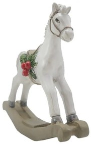 Dekorativní figurka bílý houpací koník s cesmínou – 11 cm cm
