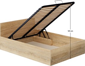 Postel s kovovým roštem a úložným prostorem, 140x200, dub sonoma, DOLI