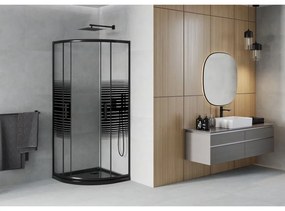 Mexen Rio, čtvrtkruhový sprchový kout s posuvnými dveřmi 90 (dveře) x 90 (dveře) x 190 cm, 5mm čiré sklo s pásky, černý profil + černá sprchová vanička Slim, 863-090-090-70-20-4170B